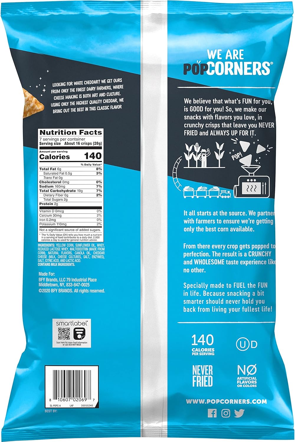 Popcorners White Cheddar Flavored Corn Snacks, Never Fried,140Cal, 7 O ...